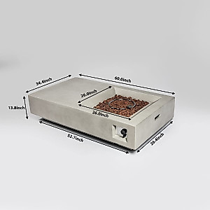 AJ Enjoy 60" Firepit Table for Outside, 50,000 BTU Large Rectangular Concrete Outdoor Firepit Tables, Laval Rocks, Side Handles, Fits 20lb Tank Outside, Grey