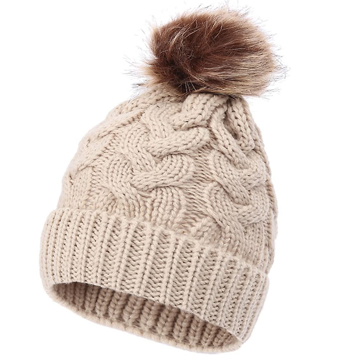 2PCS Parent-Child Hat,Mother & Daughter/Son Winter Warm Knit Hat Family Crochet Beanie Ski Cap(Ivory)