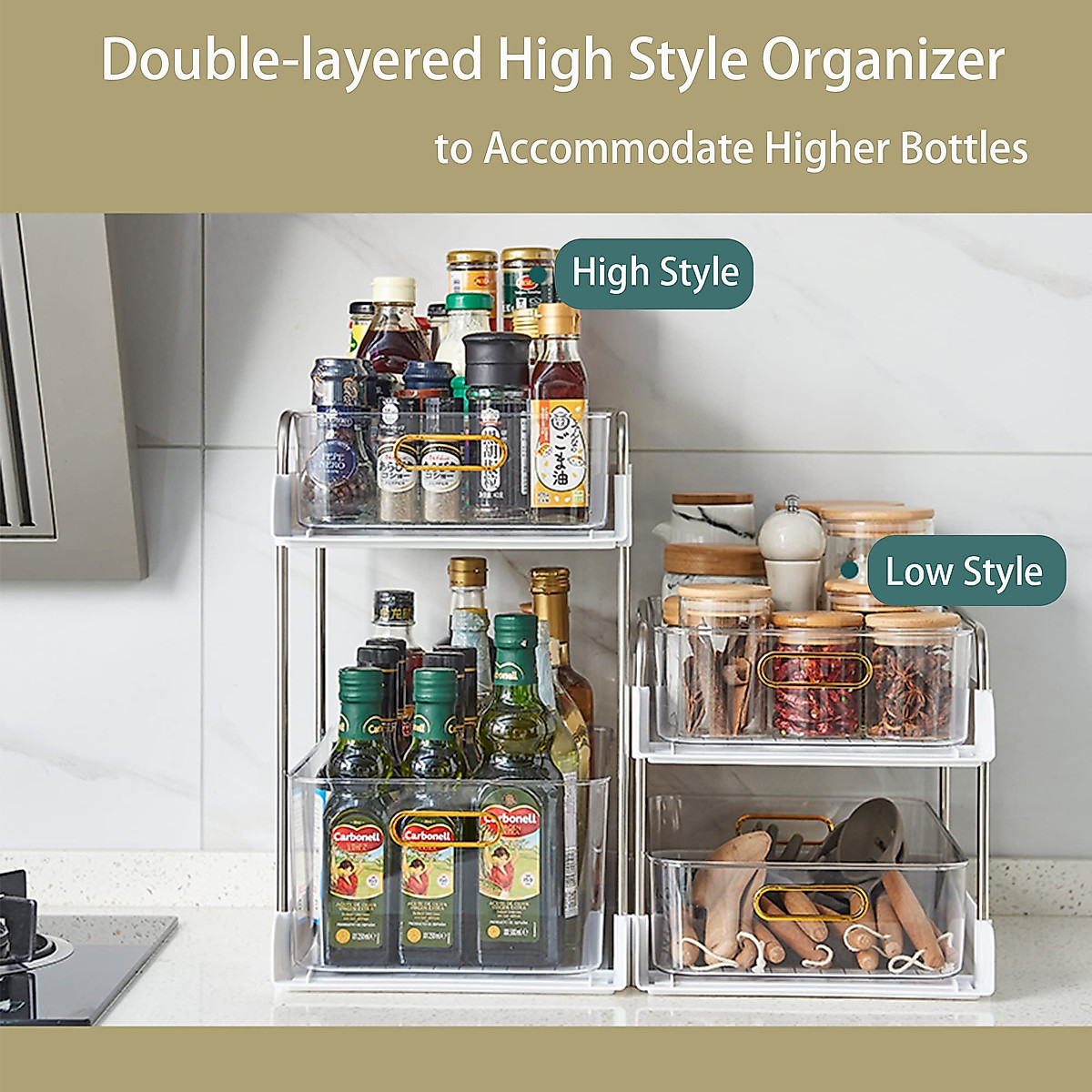 ILIKUHOME Under Sink Organizers and Storage, 2-Tier Clear Organizer with Sliding Drawers, Muti-purpose Pull Out Organizers for Bathroom, Kitchen, Pantry, Makeup, Office