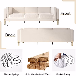 Kadway Mid-Century Modern Sofa Couch for 3-4 Persons, 95" Velvet Sofa with Gold Legs Large Load Upholstered 3 Seater Couches Sectional Couch Deep Seat Sofa for Living Room Office Beige