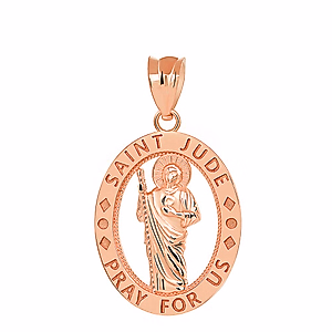 10k Saint Jude Pray for Us Charm Oval Pendant in Rose Gold