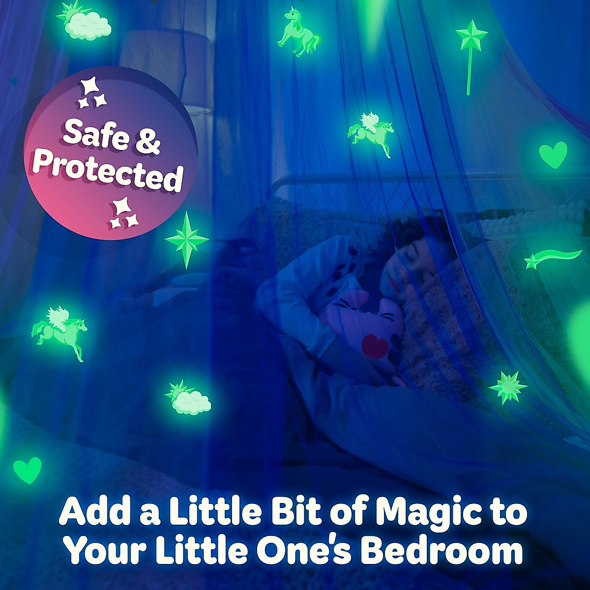 Bollepo Bed Canopy for Girls Bed with Glowing Stars - Princess Room Decor, Ceiling Net to Cover Toddler | Full, Twin Size Kids Bed Curtains, Fire Retardant Fabric (White - Unicorn)