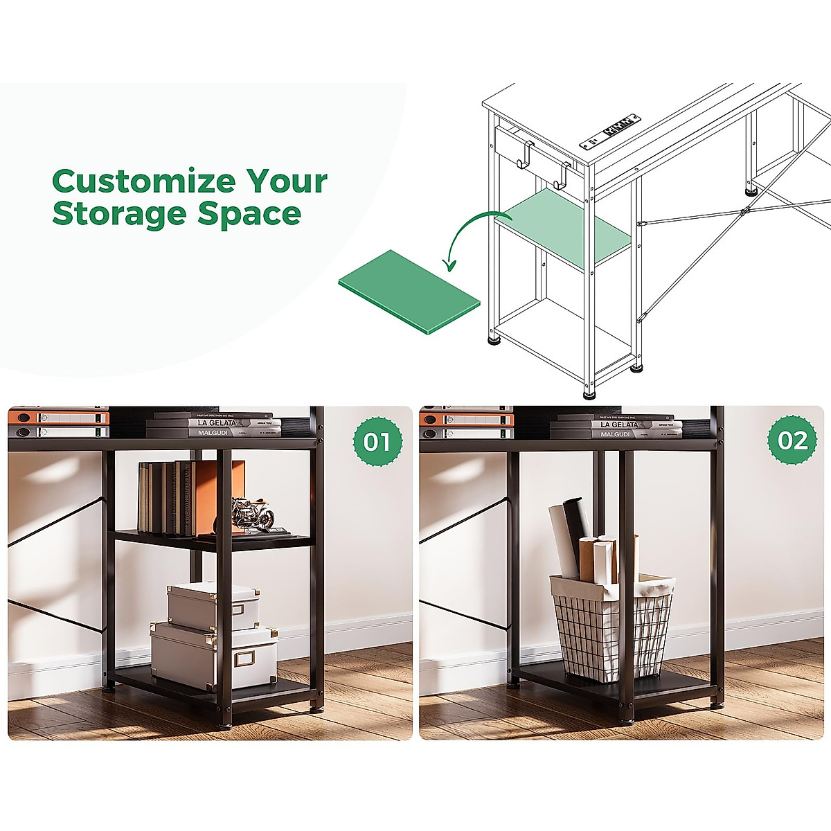 AODK 48 Inch Small Computer Desk with Power Outlets & Type-C, Writing Desk with Storage Shelves Headphone Hook, Student Laptop PC Desks for Small Spaces Home Office, Kids Desk, Black