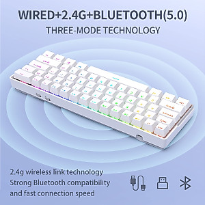 KEMOVE Snowfox DK61 60% Wireless Mechanical Gaming Keyboard, 2.4G/Type-C/Bluetooth, Hot Swappable RGB Backlit 61 Keys, Anti Ghosting/N-Key Rollover 3000mAH Battery, Brown Switch/White