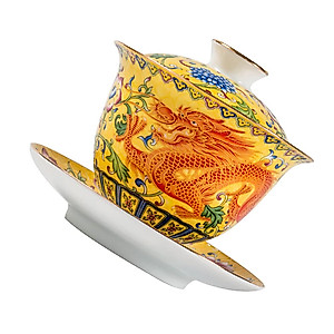 YARNOW Chinese Porcelain Teacup, 1Set of Gaiwan Tureen Cover Bowl Lip Cup Saucer Tea with Lid, Yellow Dragon