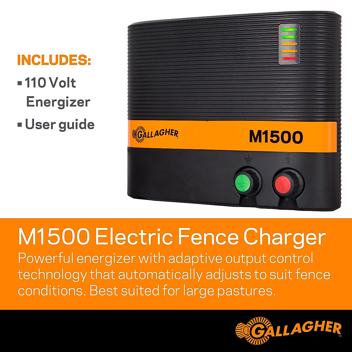 Gallagher M1500 Electric Fence Charger | Powers Up to 160 Miles / 900 Acres of Clean Fence | ​15 Joules, 110 Volt Energizer, Added Power Reserve | Unbeatable Reliability | Easy Installation