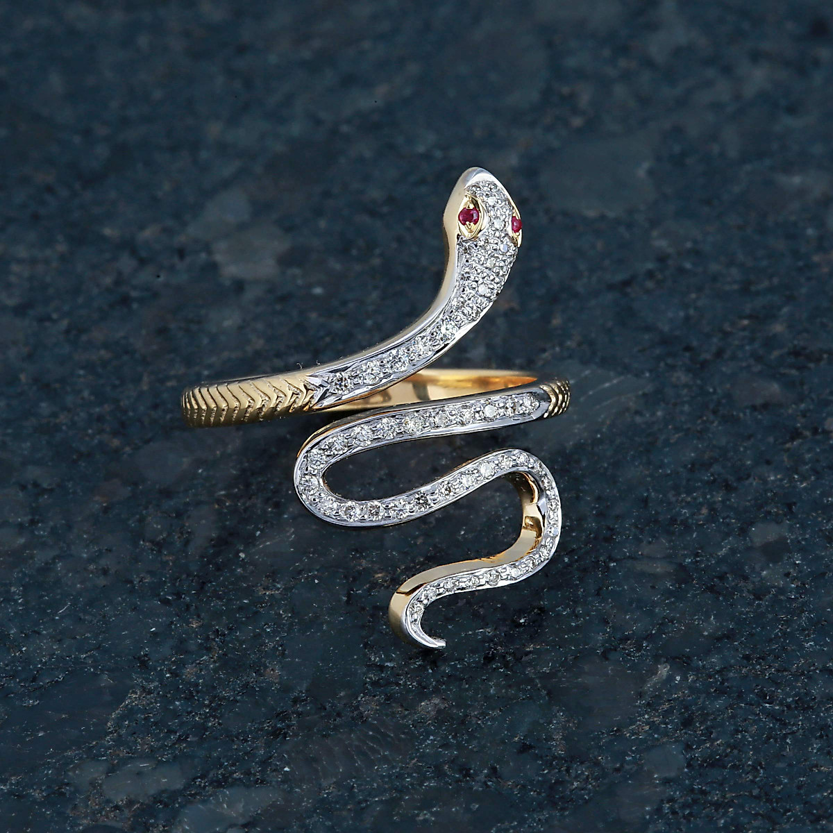 Shweta Creations Certified Handcrafted 14K Yellow Gold Crawling Snake With 0.25 Carat Natural Diamond (H I Color, Vs2 Si1 Clarity) And 0.02 Carat Real Ruby Eyes Designer Rings For Women