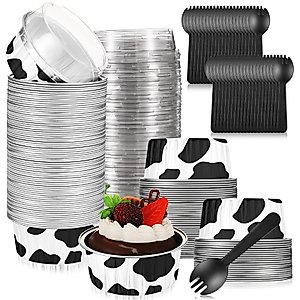 Uiifan 100 Pcs Aluminium Foil Baking Cups with Lids 5oz Cupcake Liners Disposable Ramekin Baking Cups Muffin Tins Cow Print Mini Pie Pans Cake Wrappers Containers with Spoon for Birthday Wedding Party