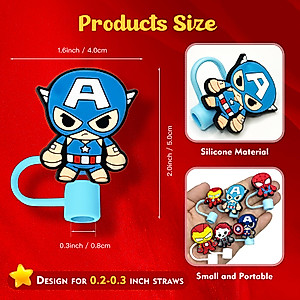 8Pcs Straw Covers Cap for Tumblers, Cute Cartoon Straw Topper, Silicone Straw Tip Covers for Drinking Straws (8Pcs Hero 8mm 7L)