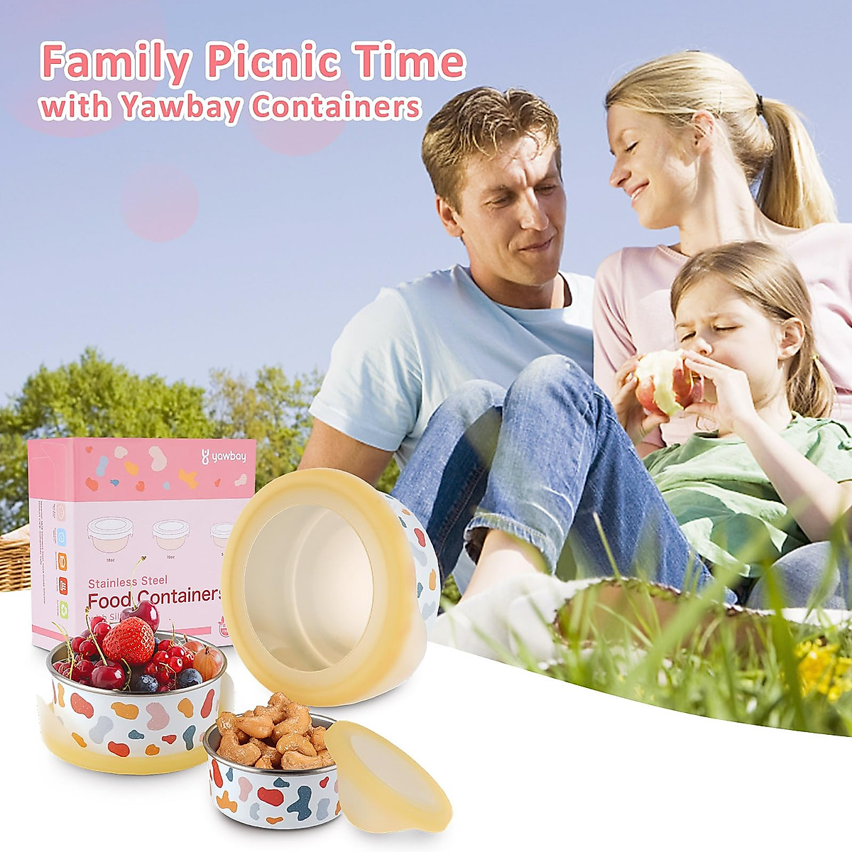 Yawbay Stainless Steel Snack Containers with Silicone Lids, Stackable Easy Open Leak Proof Snack Food Containers Metal Lunch Boxes for Office, Home, School and Travel (18oz/10oz/5.5oz)