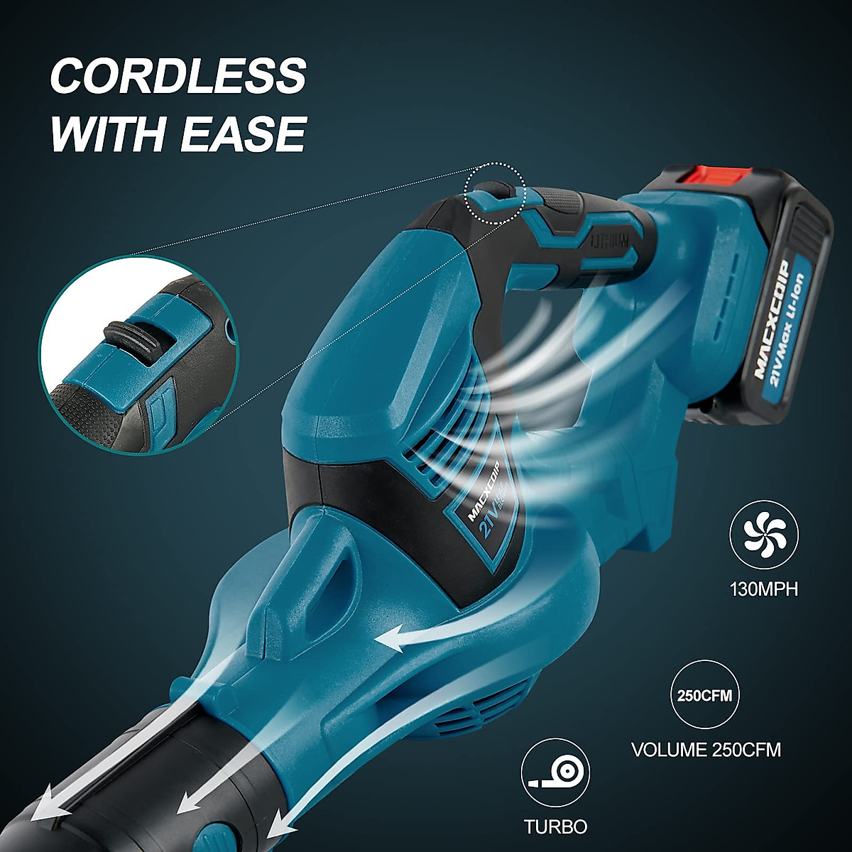 Cordless Leaf Blower - 21V 600W 250CFM 130MPH Electrical Handheld Blower with 2 Batteries & Charger, Battery Powered Leaf Blower Lightweight for Leaf, Snow, Dust Blowing