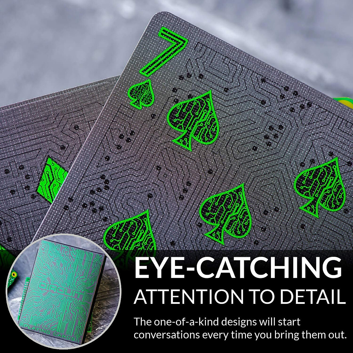 Circuit Neon Green Playing Cards with Free Card Game eBook, Creative Deck of Cards, Premium Card Deck, Cool Poker Cards, Unique Bright Colors for Kids & Adults, Computer Themed, Black Playing Cards