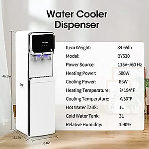 SOOPYK Water Dispenser Cooler Bottom Load Loading with 3 Temperatures Setting 3-5 Gallon Self Cleaning Cold and Hot Water Durable Steel Frame Child Safety Lock Removable Drip Tray for Home Office