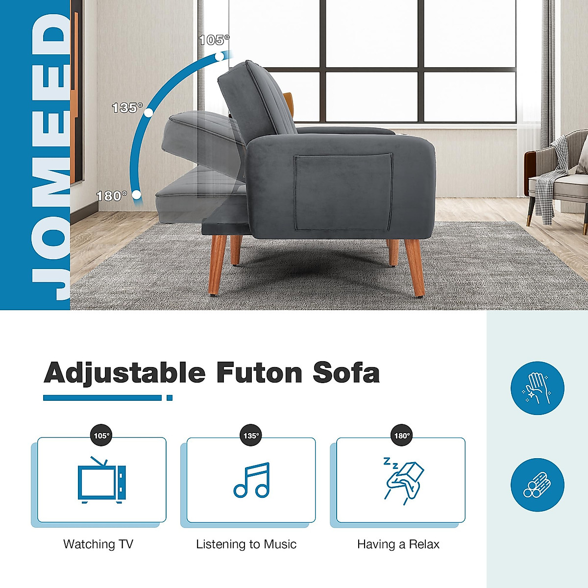 JOMEED 65" Velvet Loveseat Sofa,Modern Couch for Living Room,Futon Sofa Bed with Adjustable Backrest for Small Spaces,Dorm,Apartment