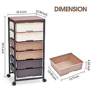 TOOLF Rolling Storage Cart with 6 Drawers,Utility Cart with Drawers and Wooden Tabletop,Storage Dresser for Bedroom,Tall Nightstand for Dorm with Large Capacity,Brown
