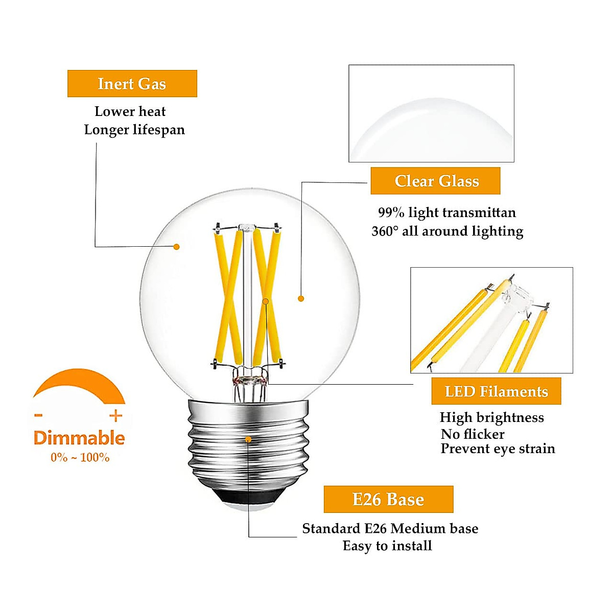 Greeogin Dimmable E26 LED Edison Bulb, g16.5 led Candelabra Bulb 4W Equal to 40W Natural White 4000K,for Pendant Fixtures,Chandeliers,Vanity Bulbs 5 Pack