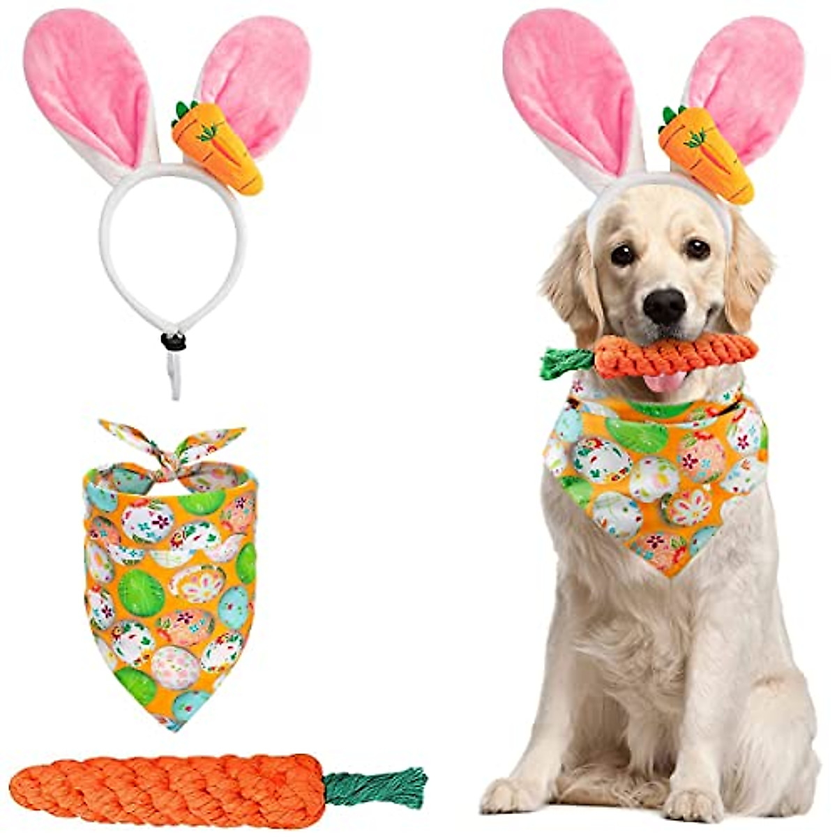 Dog Easter Bunny Costume, 3 Pack Pet Rabbit Ears Headband, Egg Dog Bandana, Carrot Dog Toy Set, Easter Dog Costumes for Small Dogs Cat Puppy Party Apparel Easter Halloween Accessory Headwear