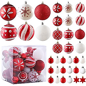 36ct Christmas Ball Ornaments Sets, Red & White Shatterproof Balls for Christmas Tree Decorations Assorted Shapes and Sizes Hanging Ball for Holiday Festival and Party Decoration (Red White)