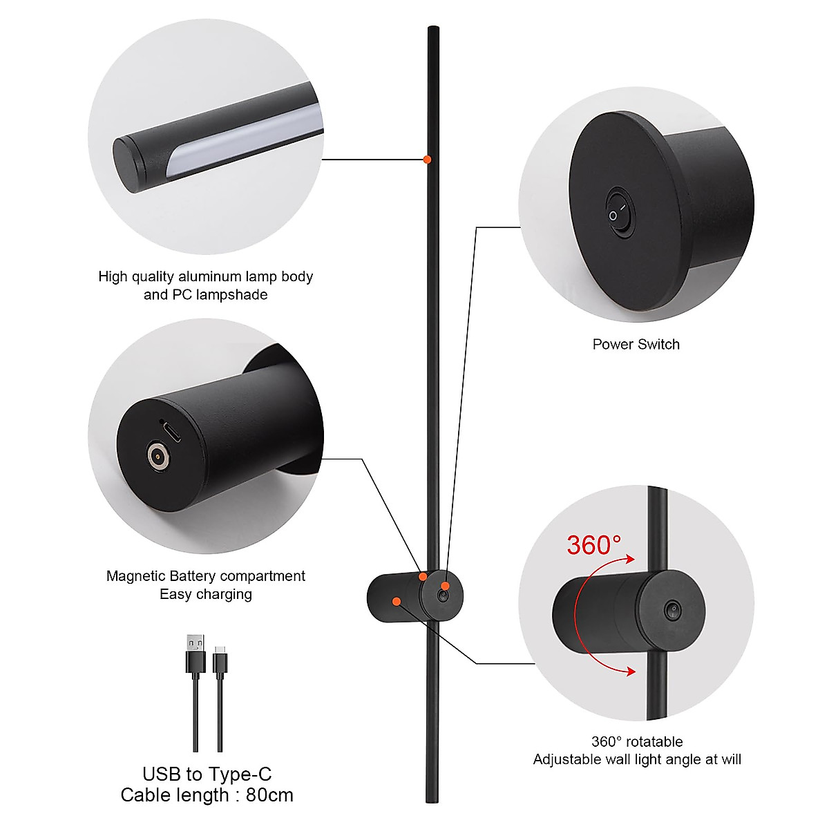 Battery Operated Wall Sconces with Remote Control, USB Rechargeable Wall Sconce Set of Two, Dimmable LED Wall Lights Indoor, 360° Rotate Cordless Wall Lamp for Living Room Bedroom Hallway, Black, 40In