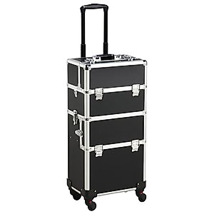 Yaheetech Rolling Makeup Train Case 3 in 1 Cosmetic Makeup Case Large Aluminum Trolley Makeup Travel Case Professional Rolling Cosmetic Beauty Storage, with 360° Swivel Wheels, Black