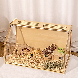 Large Hamster Cages Wooden Enclosure for Syrian Dwarf Hamsters, 33.15" L x 17.91" W x 19.72" H Humanize Habitat with Oblique Acrylic Door Durable HDF Waterproof Easy to Assemble and Clean, Clearance