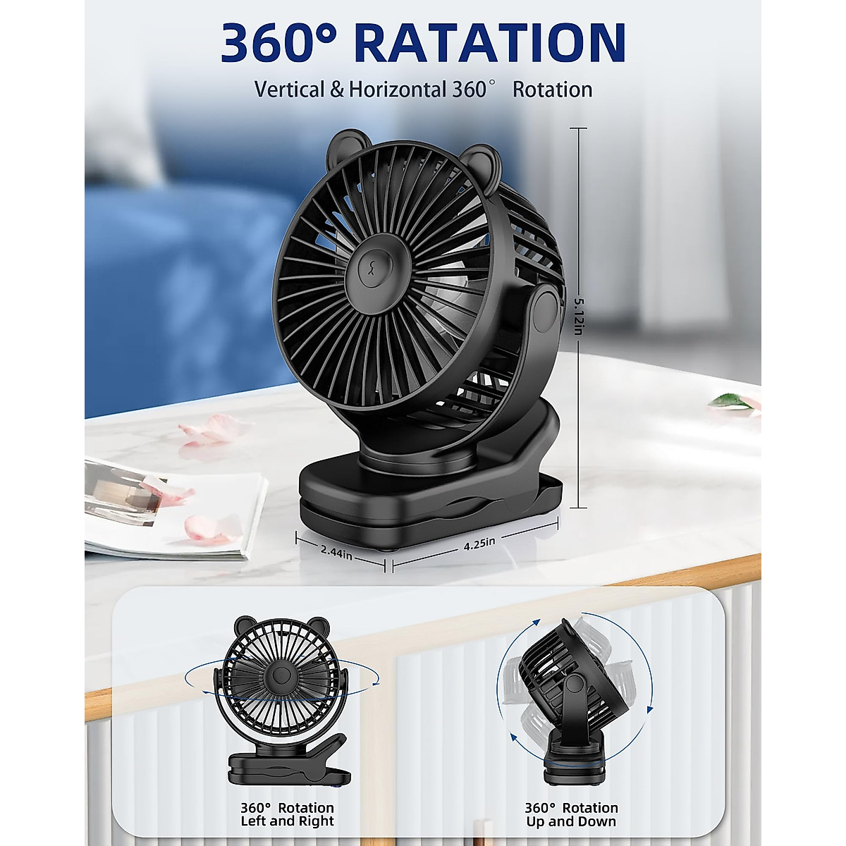 KIDEE Portable Clip on Fan, Small Desk Fan Battery Operated, 360° Rotation, Cute Design, 3 Speed, Mini Table Fan USB Rechargeable, Personal Cooling Baby Stroller Fan for Home Office Outdoor Travel