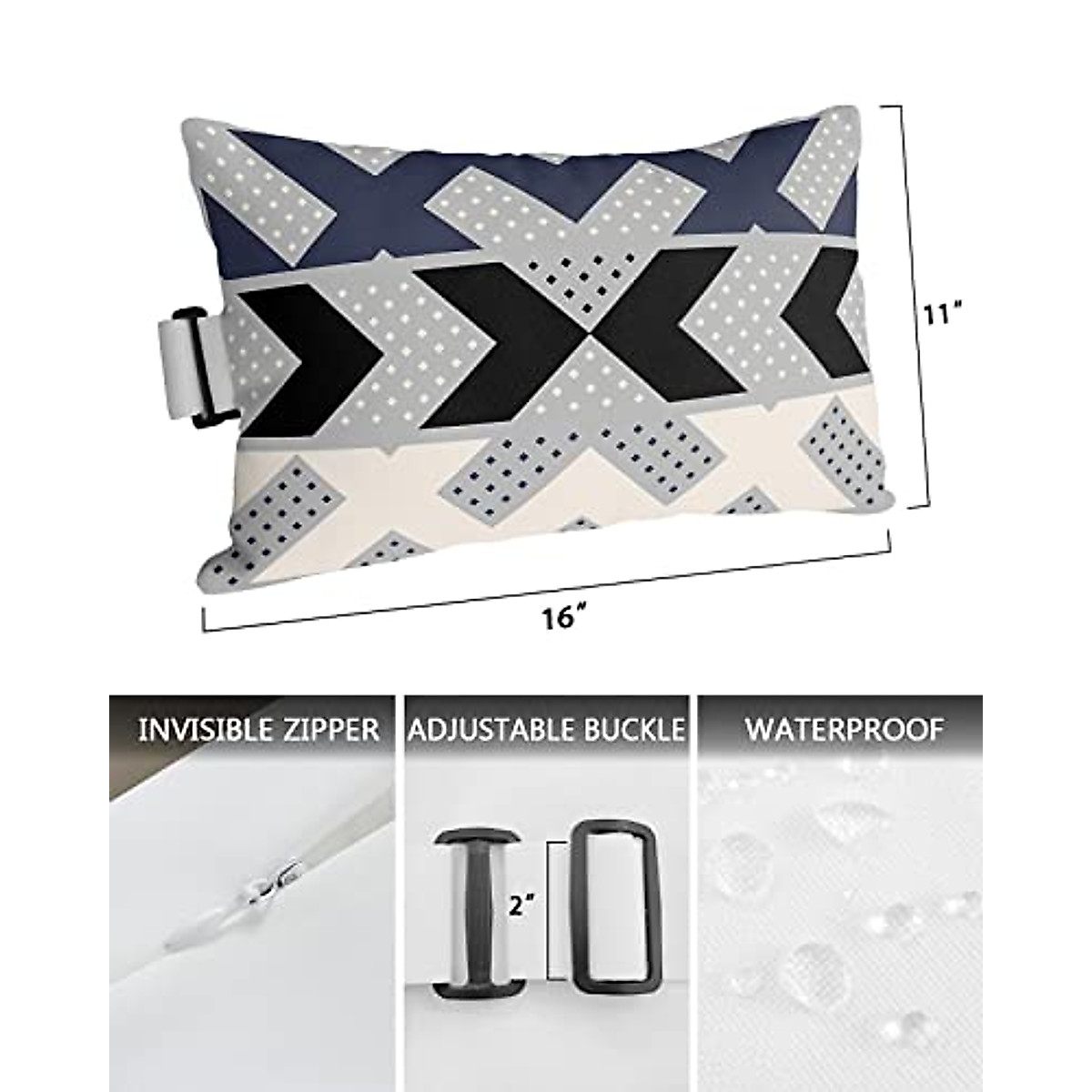 Recliner Head Pillow Ledge Loungers Chair Pillows with Insert Modern Geometric Blue Black White Pattern Lumbar Pillow with Adjustable Strap Outdoor Waterproof Patio Pillows for Beach Pool, 2 PCS