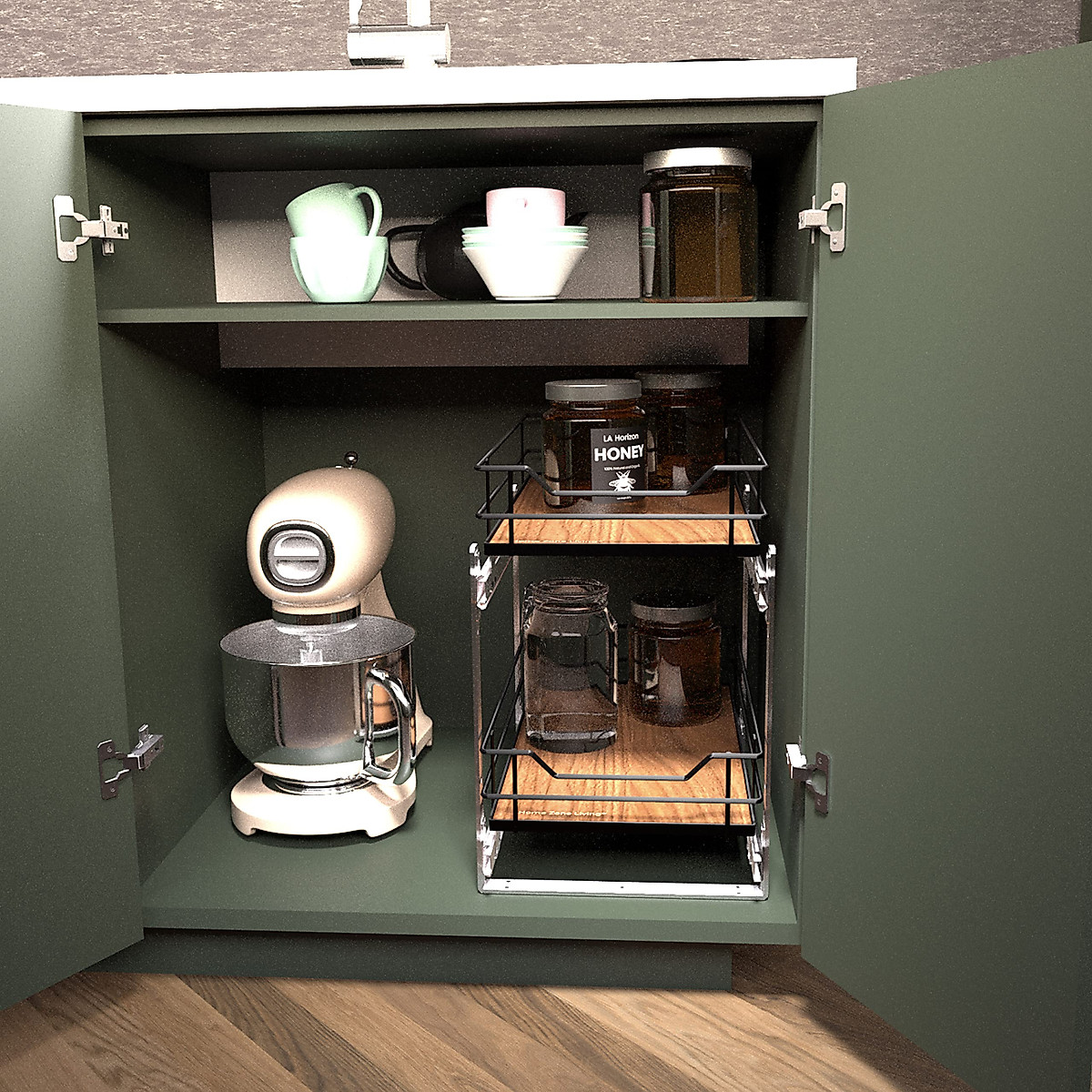 Home Zone Living Pull Out Kitchen Cabinet Organizer with 2 Tiers of Storage for Easy Access, 12”W x 20”D, Matte Black with Dark Brown, Virtuoso Collection