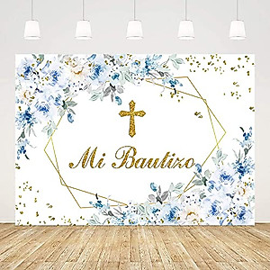 ABLIN 7x5ft Mi Bautizo Backdrop Mexican Baptism Party Decorations God Bless Boy First Holy Communion Banner Blue Flower Background Christening Newborn Baby Shower Decor Props, CQ304