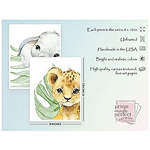 Baby Safari Animals Wall Art Prints - Nursery Decor - Set of 6-8x10 - Jungle Animal Pictures - Unframed - Watercolor