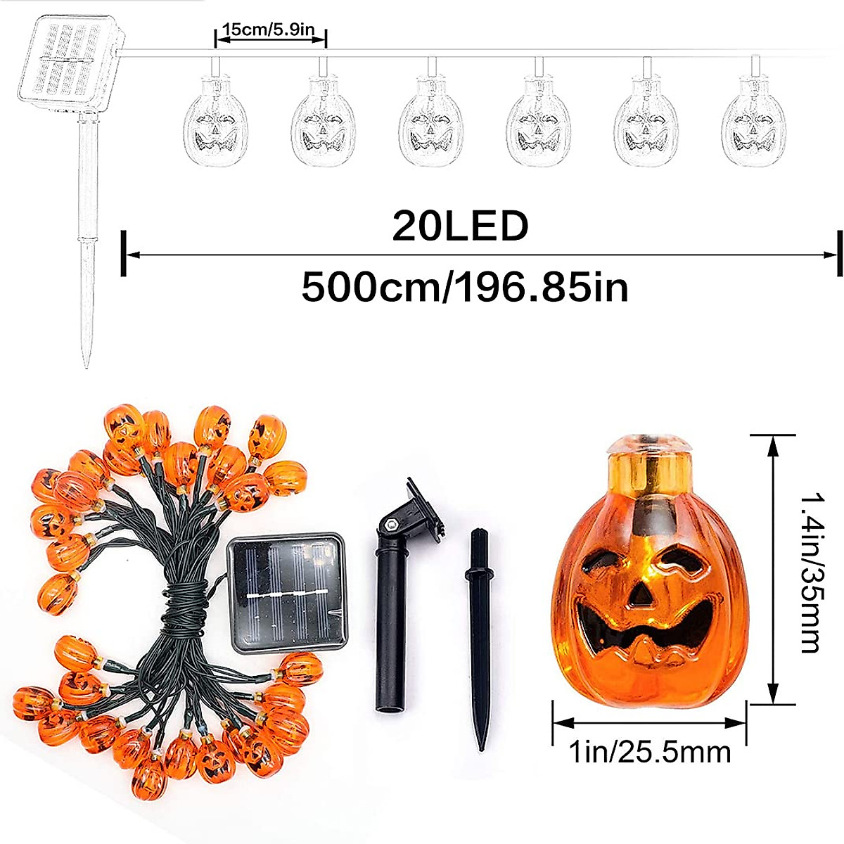 Outdoor Halloween Decorations Solar Powered 8 Modes,16Ft 20 LED Halloween Pumpkin String Lights,Waterproof Holiday Garden Tree Hanging Decorations for Party Home Thanksgiving Christmas Decor(5M)