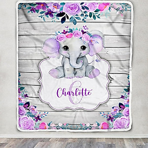 CenturyTee Personalized Baby Blanket Monogram Purple Floral Elephant Custom Nursery Swadding Boy Girl with Name Daughter Granddaughter Niece Birthday Fleece Blanket (30 x 40 in Baby Size)