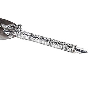 Quill Pen with Carving,Vintage Feather Calligraphy Pen Ink Set with 5 Pen Tip Replacement,Ink Bottle,Handcrafted Feather Pen Gift Box(Grey)