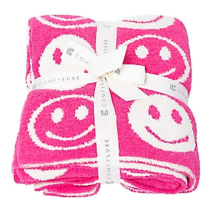 Happy Face Knitted Throw Blankets Reversible Soft Knit Blanket with Two-Toned Cute Pattern Bed Throws Fuzzy Kids Blanket Warm Cozy for Home Couch Sofa (Rosy)
