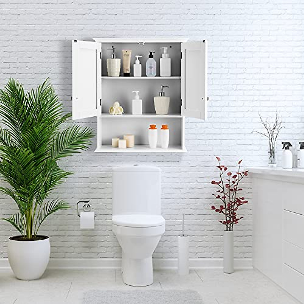 LOKO Bathroom Wall Cabinet, Wall Mounted Storage Cabinet with Double Doors, Multifunctional Medicine Cabinet with Adjustable Shelf, 23.5 x 7.5 x 28 inches (White)
