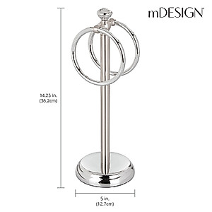 mDesign Steel Towel Rack Holder Stand with 2 Hanging Rings for Bathroom Vanity Countertops - Space Saving Hand Towel Holder - Hyde Collection - Chrome/Brushed