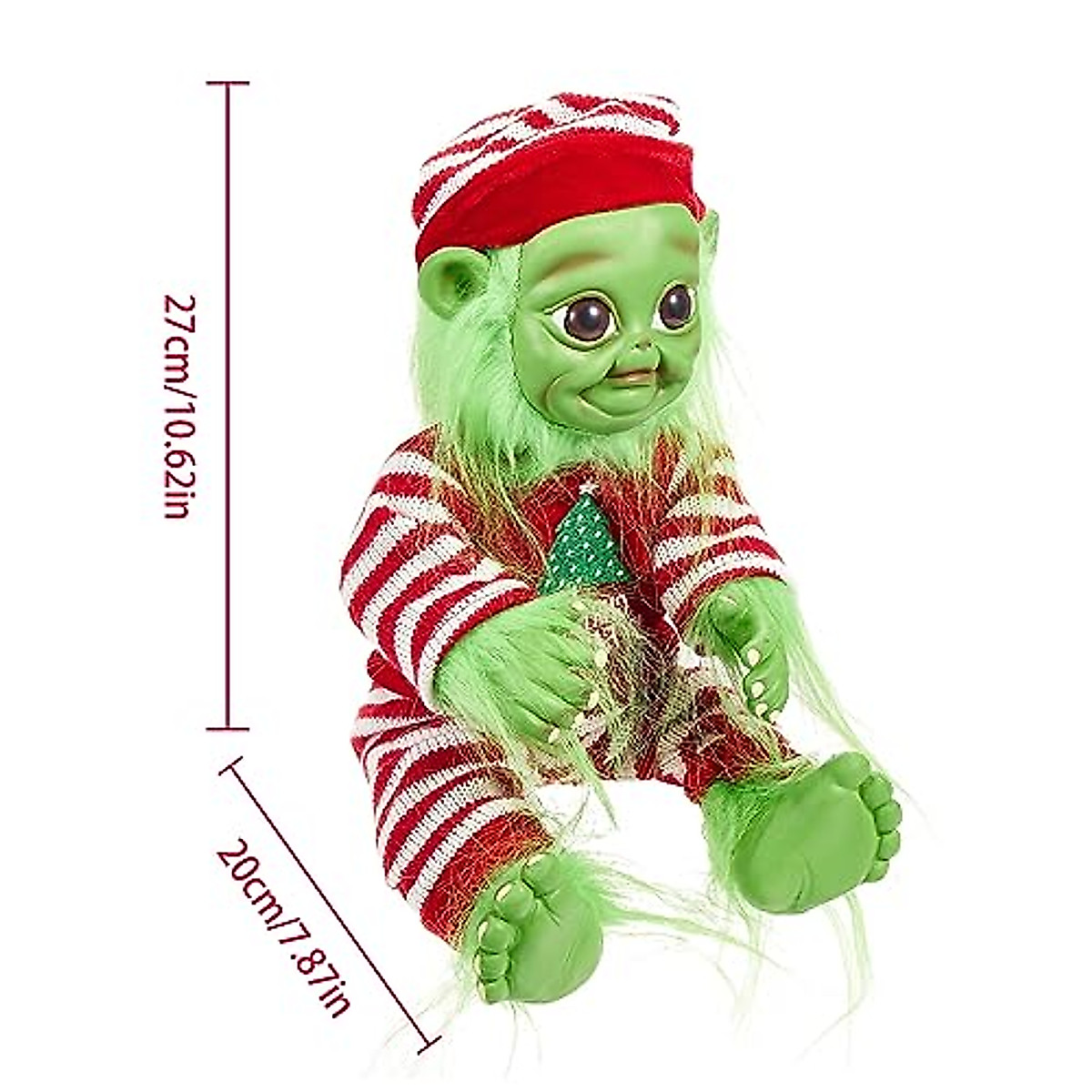 TRURENDI Christmas Doll, 10'' Green Furry Monster Latex Doll with Cute Xmas Clothes, Christmas Doll Gifts Xmas Decor (Red Stripes, 28 * 20 * 20 cm)
