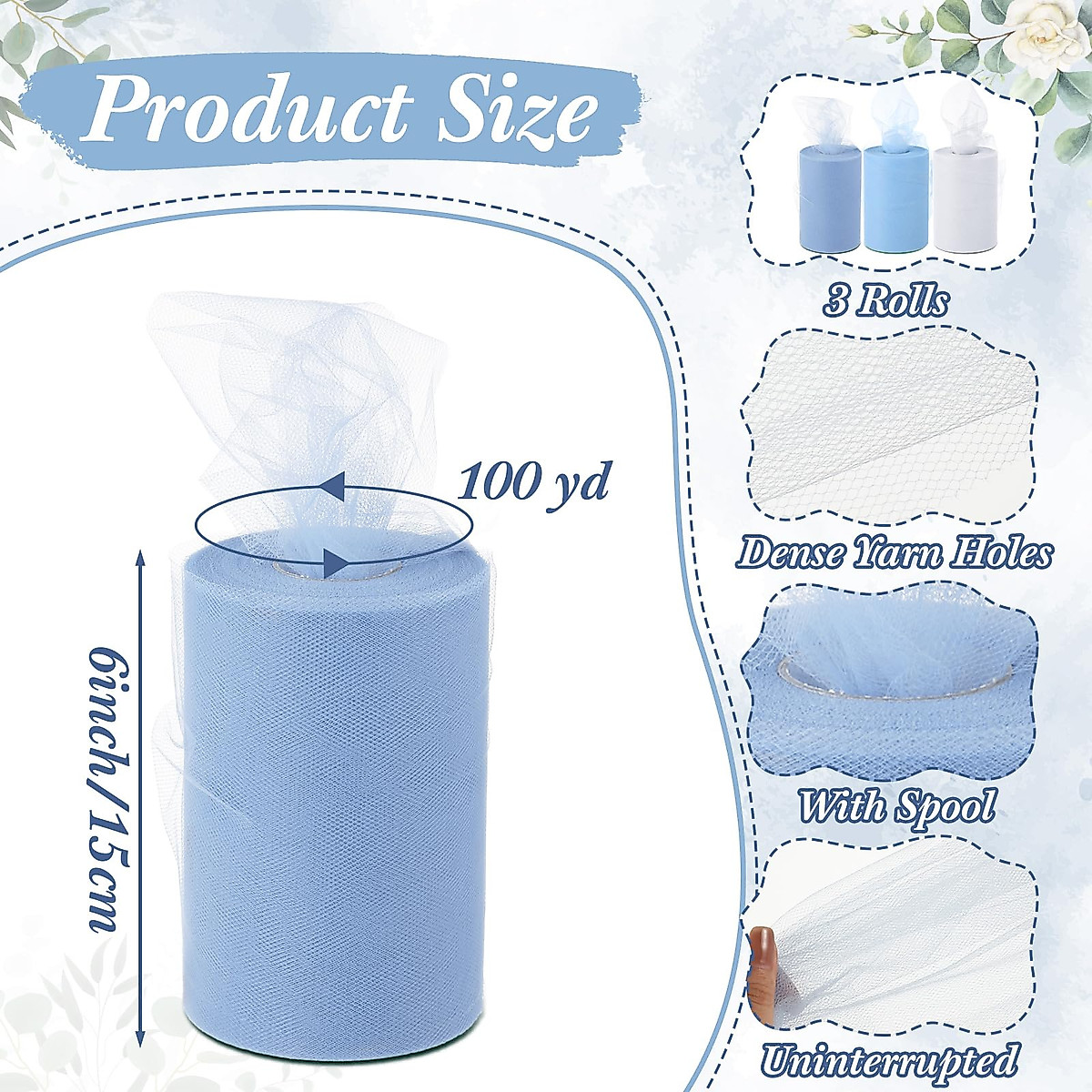 3 Rolls Blue Tulle Tulle Fabric 6 Inch by 100 Yards Tulle Roll Tulle Dress for Girls Tulle Ribbon for Tutu Bow Birthday Baby Shower Wedding Party Decoration(White,Light Blue,Dark Blue,6" x300 Yard)