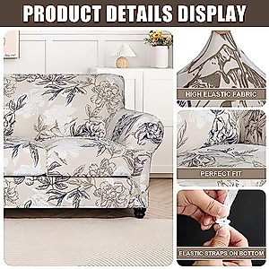SearchI Stretch Sofa Cover Printed Couch Covers, Floral Pattern 2 Piece Armchair Slipcover with Separate Chair Cushion Cover, Washable Furniture Protector for Living Room(Armchair, Flower Shadow)