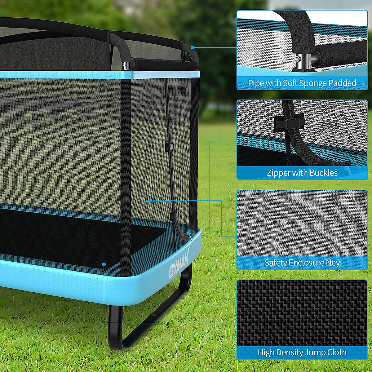 GYMAX 6FT Kids Trampoline with Swing, ASTM Approved Rectangle Recreational Trampoline with Enclosure Safety Net, Indoor/Outdoor Baby Toddler Play Combo Bounce, Birthday for Boy & Girl (Blue)