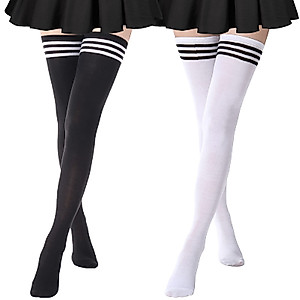DRESHOW 2 Pairs Extra Long High Thigh Socks Striped Over Knee Thin Tights Long Stocking Knee High Leg Warmer