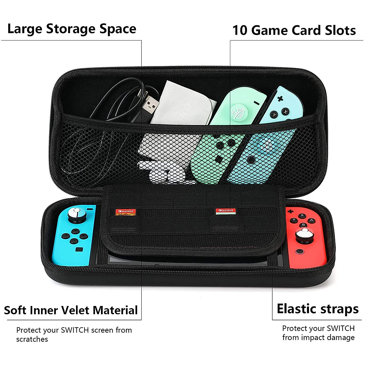 Carrying Case Compatible with Switch 2017 / Switch OLED 2021 Console Joy-Con with 10 Game Card Slots , Halloween pattern design with witch hat, magic wand, star and broom