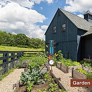 SYSUVANA Rain Gauge Outdoor with Outdoor Thermometer for Garden, Easy to Read Metal Stake with 7 Inch Replacement Glass Tube, Sunflower Hummingbird Décor for Yard Garden Patio Lawn