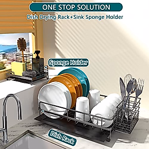 LKKL Dish Racks for Kitchen Counter- Rustproof Kitchen Dish Drying Rack with Drainboard,2 in 1 Small Dish Rack Drainer Set with Sponge Holder,Saving Space Dish Drainers for Kitchen Counter,Black