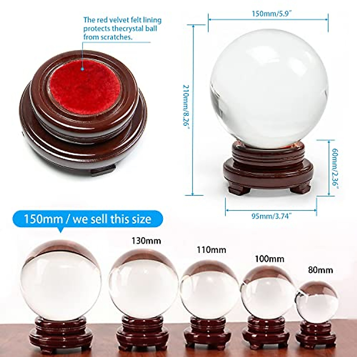 awagas K9 Crystal Ball 150mm Clear Crystal Ball Artificial Glass Crystal Ball Magic Healing Crystal Sphere Ball Lense Ball with Wooden Stand for Meditation Divination Healing Photography Decoration