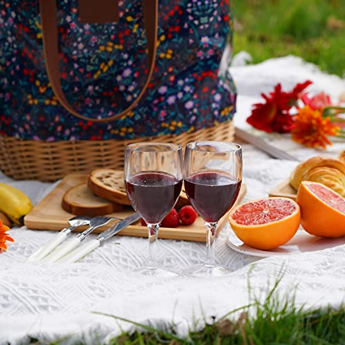 WILLOW WEAVE Portable Picnic Basket Set with Service for 2, Sturdy Woven Base & Canvas Picnic Beach Tote Bag with Drawstring Closure & Insulated Lining, for Outdoor Events, Shopping - Blue Floral