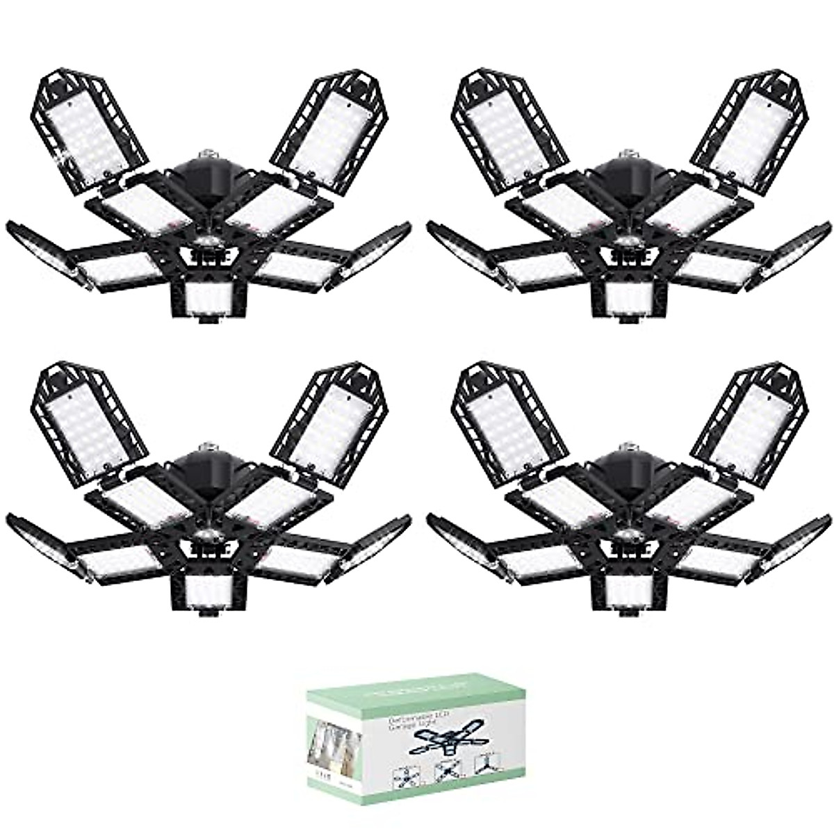 AKIRES LED Garage Light,20000LM 6500K Screw in Light Bulb with 10+1 Adjustable Panels,Deformable Garage Lights Ceiling LED Garage Light for Basement Workshop Attic Barn(4-Pack)