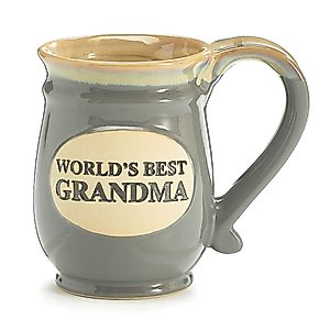 Coffee Cup Worlds Best Grandma Hot Tea Mug Gray Porcelain 14 oz with Tan, Vintage Pottery Look Gift Idea for Beverage Service or China Collections
