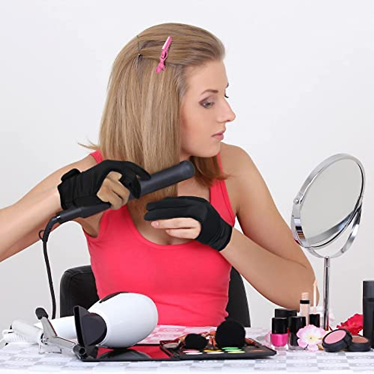 Heat Resistant Gloves for Hair Styling 3 Finger Curling Wand Glove Silicone Heat Mat Pouch 6 Pcs Hair Clips and 2 Pcs Styling Comb for Curling Iron Wands