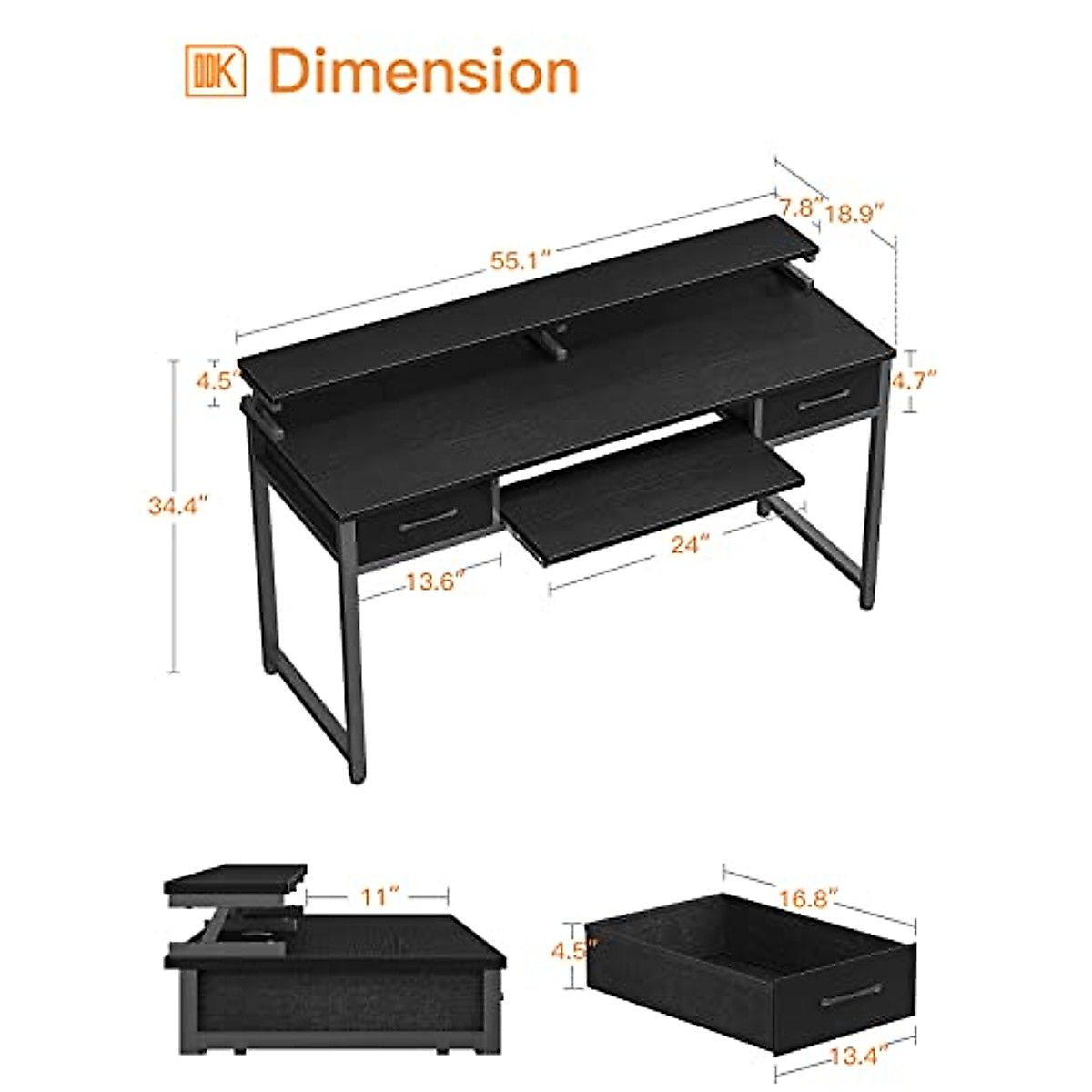ODK Computer Desk Study Table, 55 Inch Office Desk with Drawers and Keyboard Tray, Study Desk Work Desk with Monitor Shelf, Writing Desk with Storage for Home Office, Black